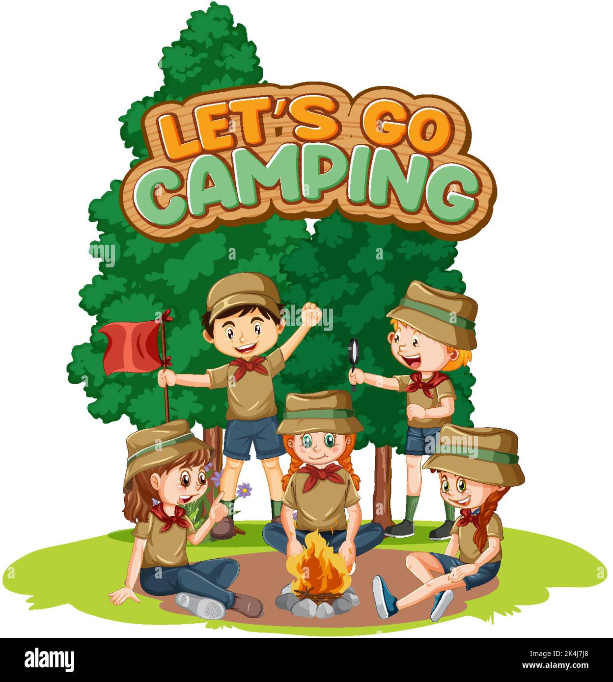 Camping kids and text design for word let's go camping illustration Stock Vector Image & Art - Alamy
