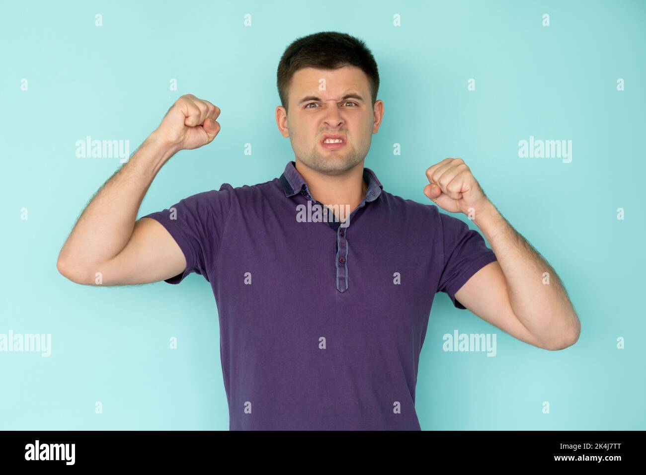 Physical aggression. Angry man. Conflict solution. Mad guy in casual t ...
