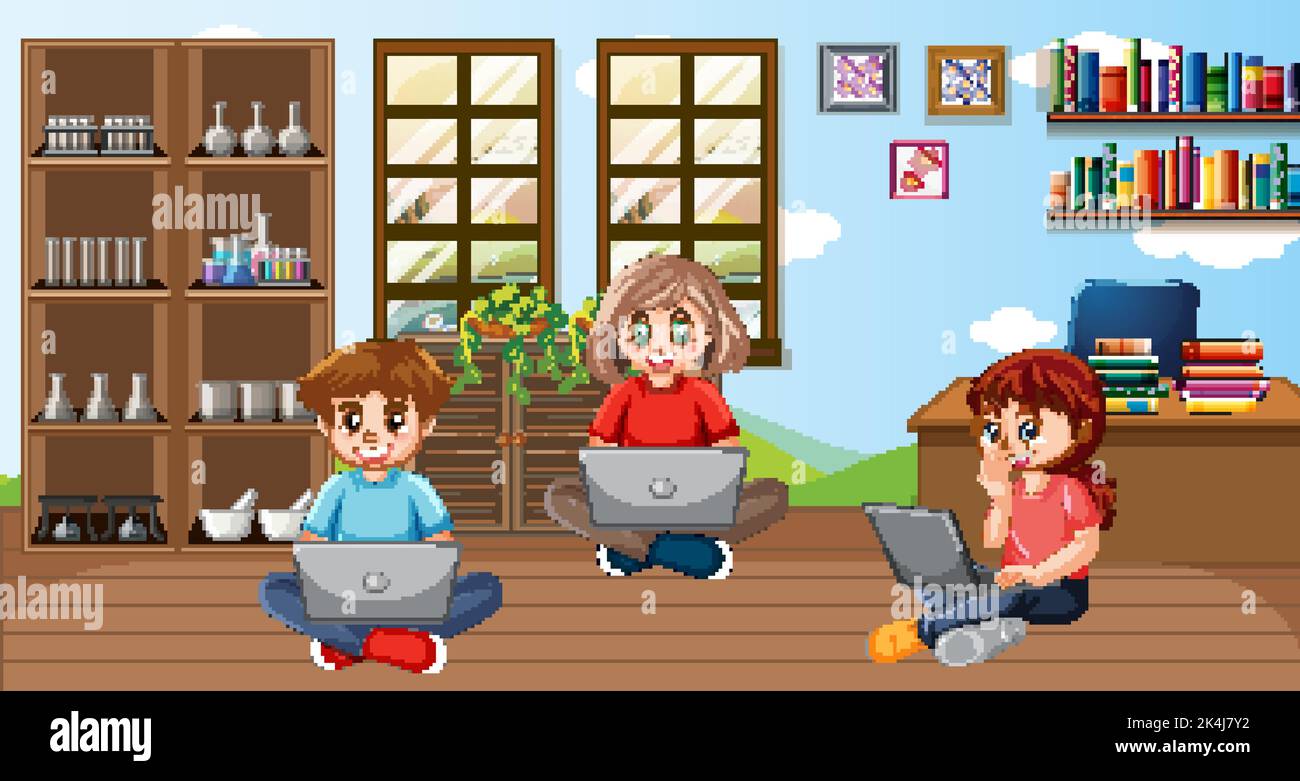 Children using laptop for online learning illustration Stock Vector ...