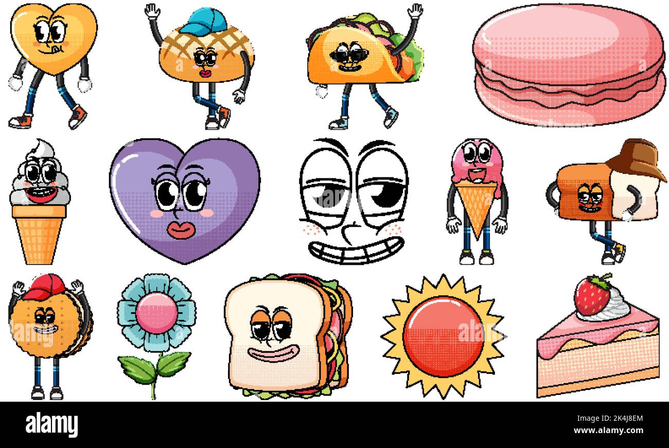 Set of objects and foods cartoon characters illustration Stock Vector ...