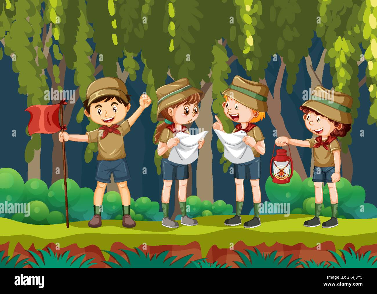 Scout kids hiking in the forest illustration Stock Vector Image & Art ...