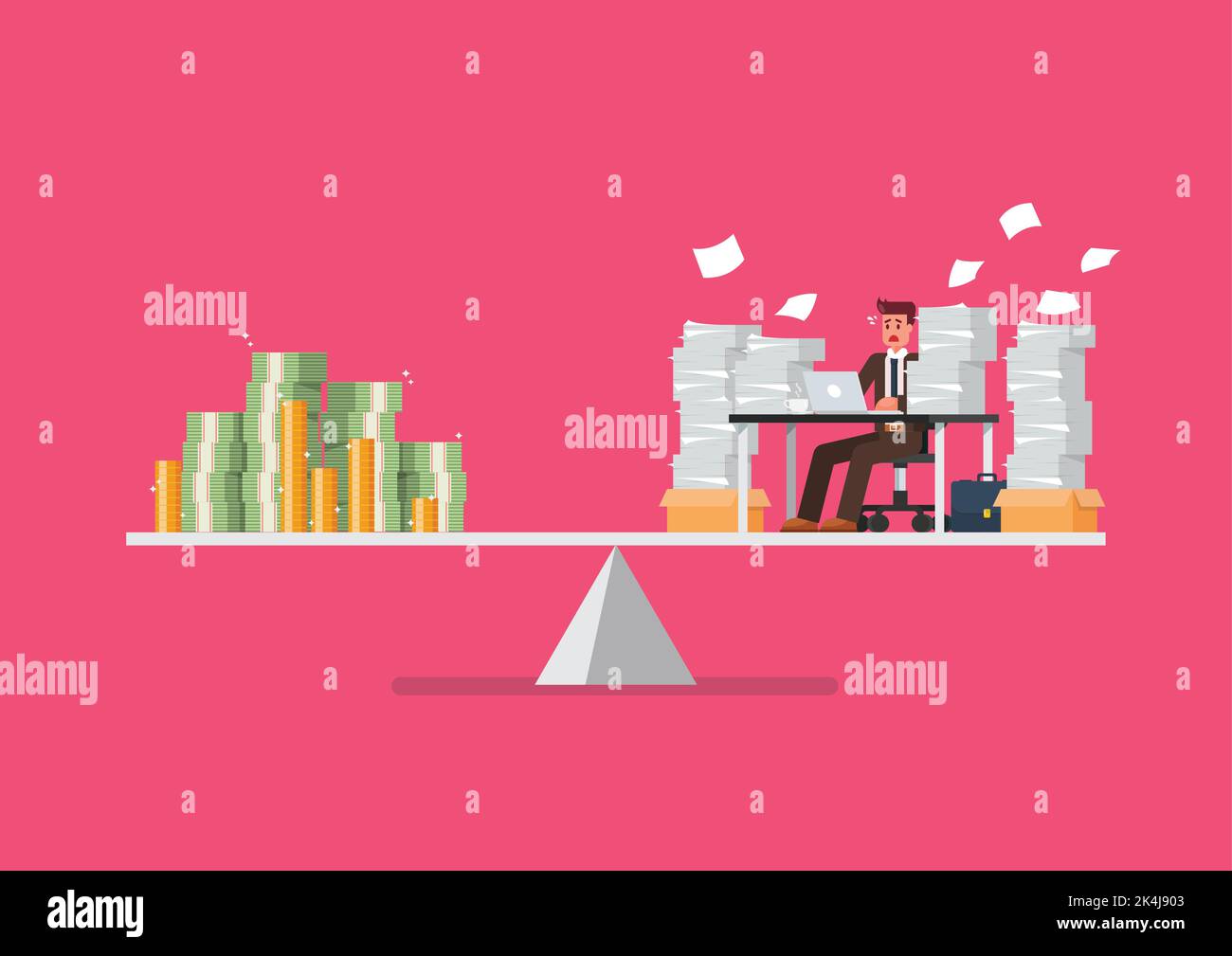 Working hard businessman compare with money on balance scale. Vector ...