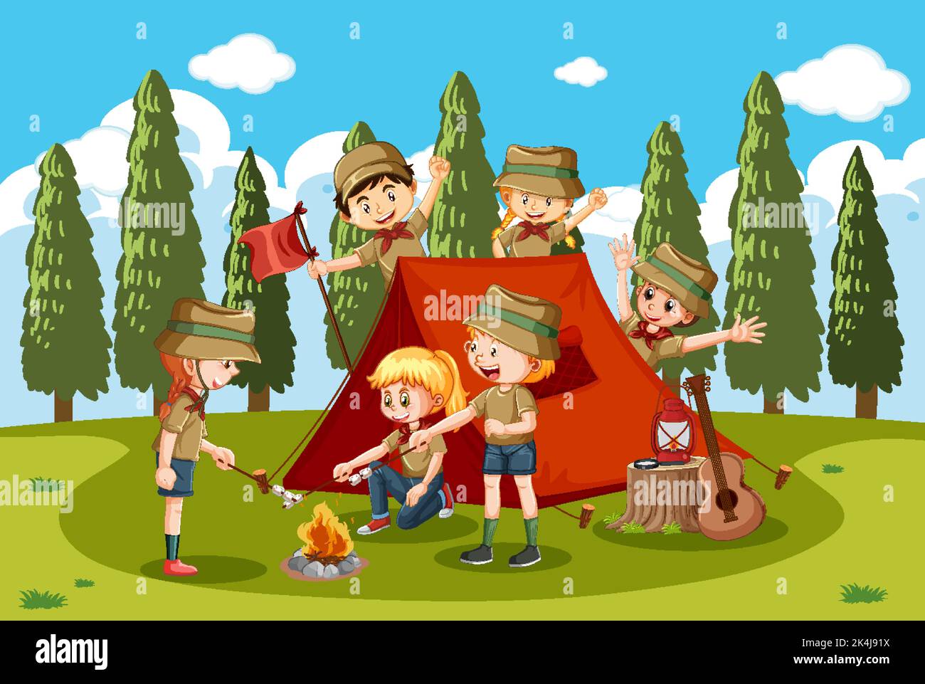 Outdoor camping with scout kids illustration Stock Vector Image & Art ...