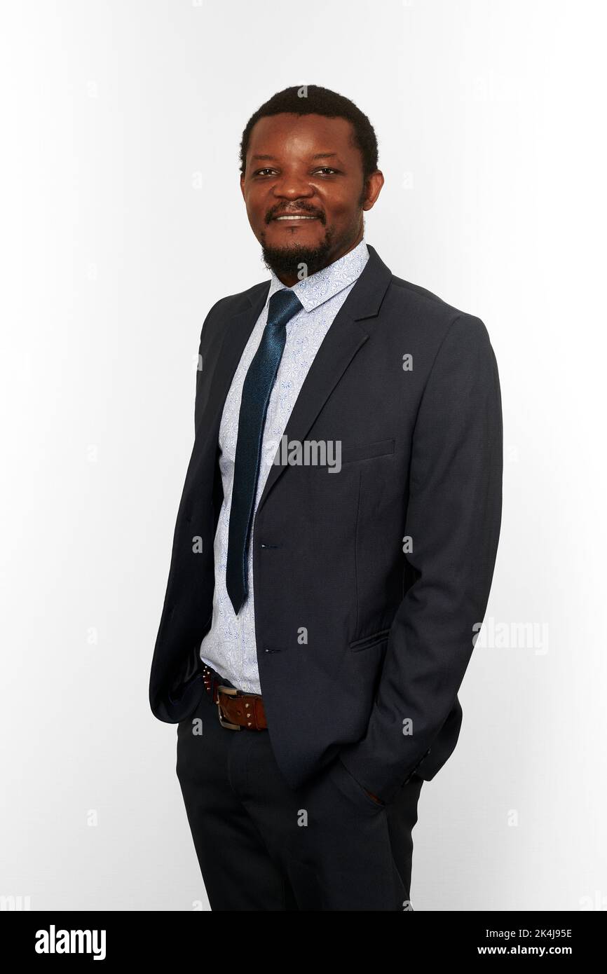 Smiling african american black man in business suit isolated on white ...