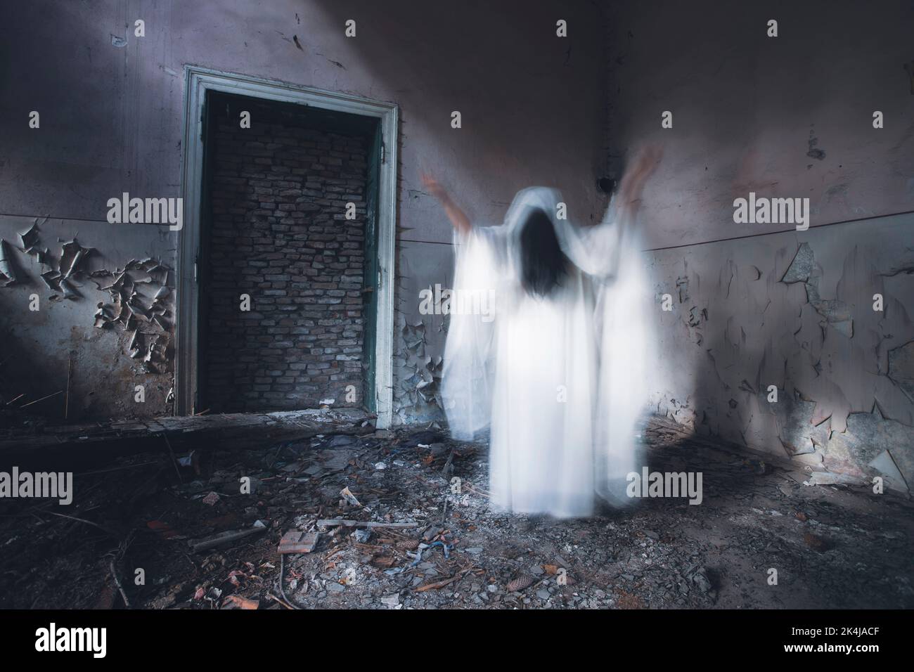 Ghost in abandoned, haunted house. Horror scene of scary spirit of a ...