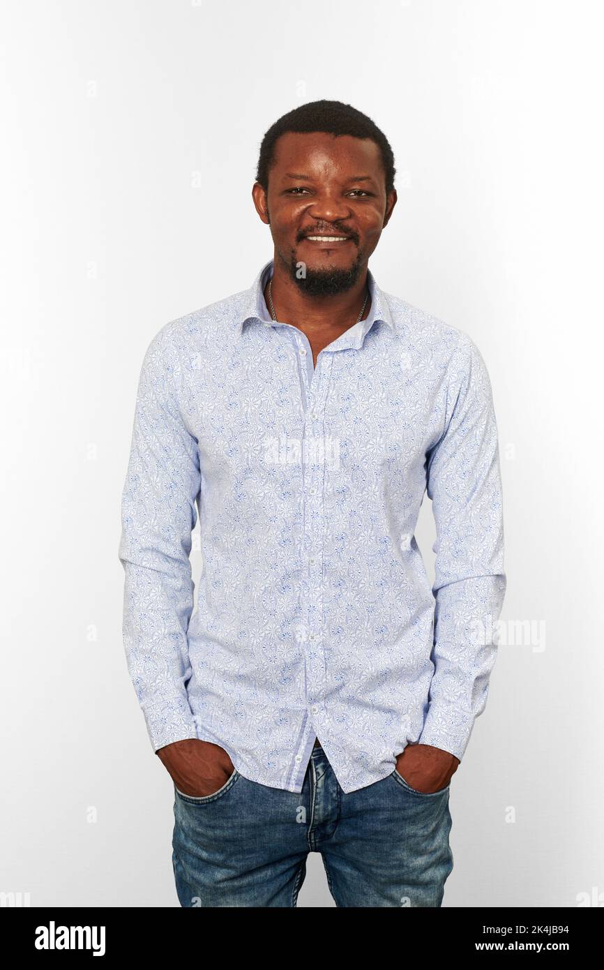 Happy african american black man with small beard in casual bright ...