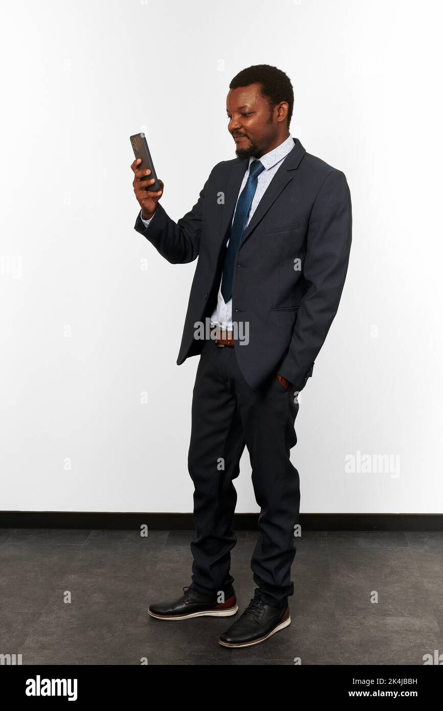 African american black man in business suit answer to video call via ...