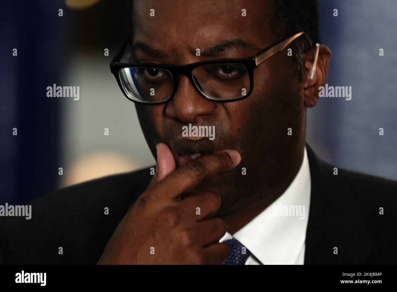 Chancellor of the Exchequer Kwasi Kwarteng speaking to the media ahead ...