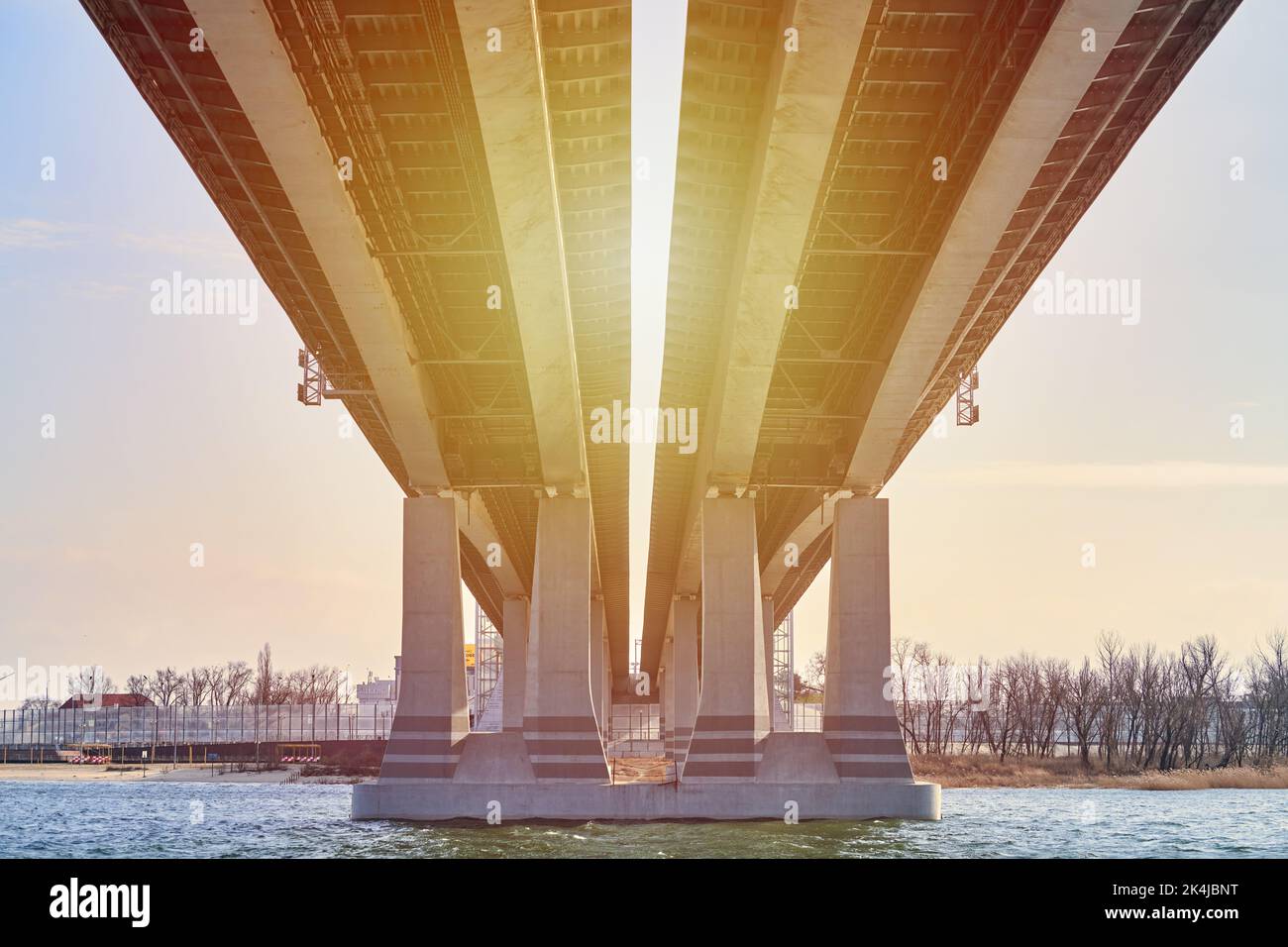 Concrete bridge bottom view in Rostov on Don city over river Don ...
