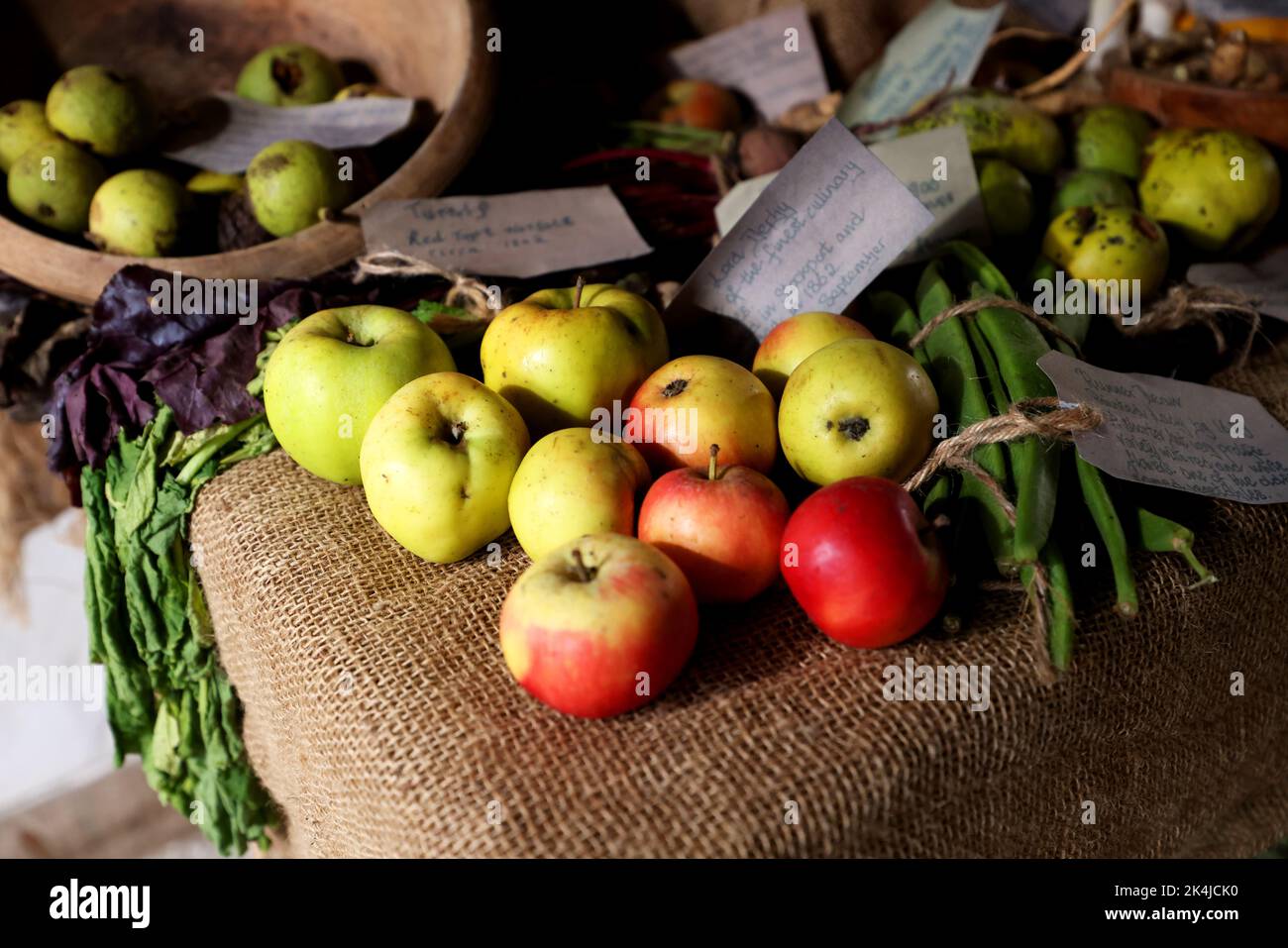 Apples on display on a traditional table in Sussex, UK Stock Photo - Alamy