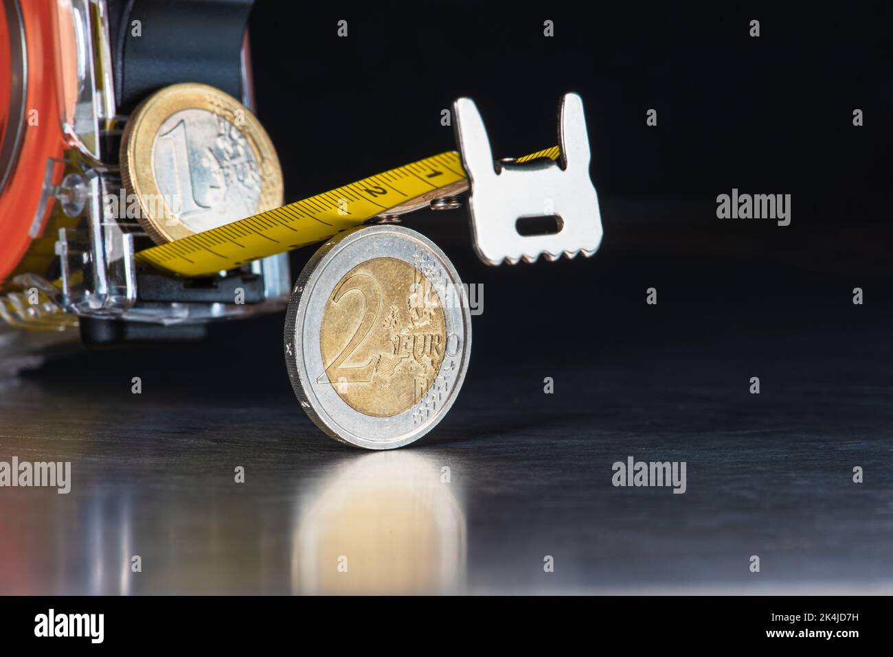 Euro coins and measure tape with copy space, concept of inflation and ...