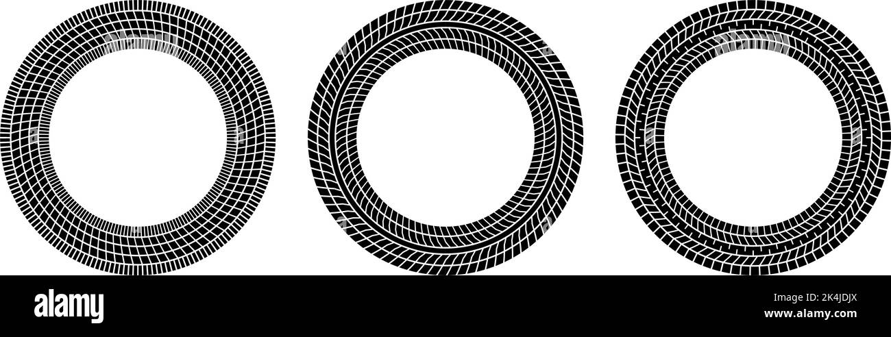 Auto tire tread circle frames set. Car and motorcycle tire pattern, wheel tyre tread track print ...