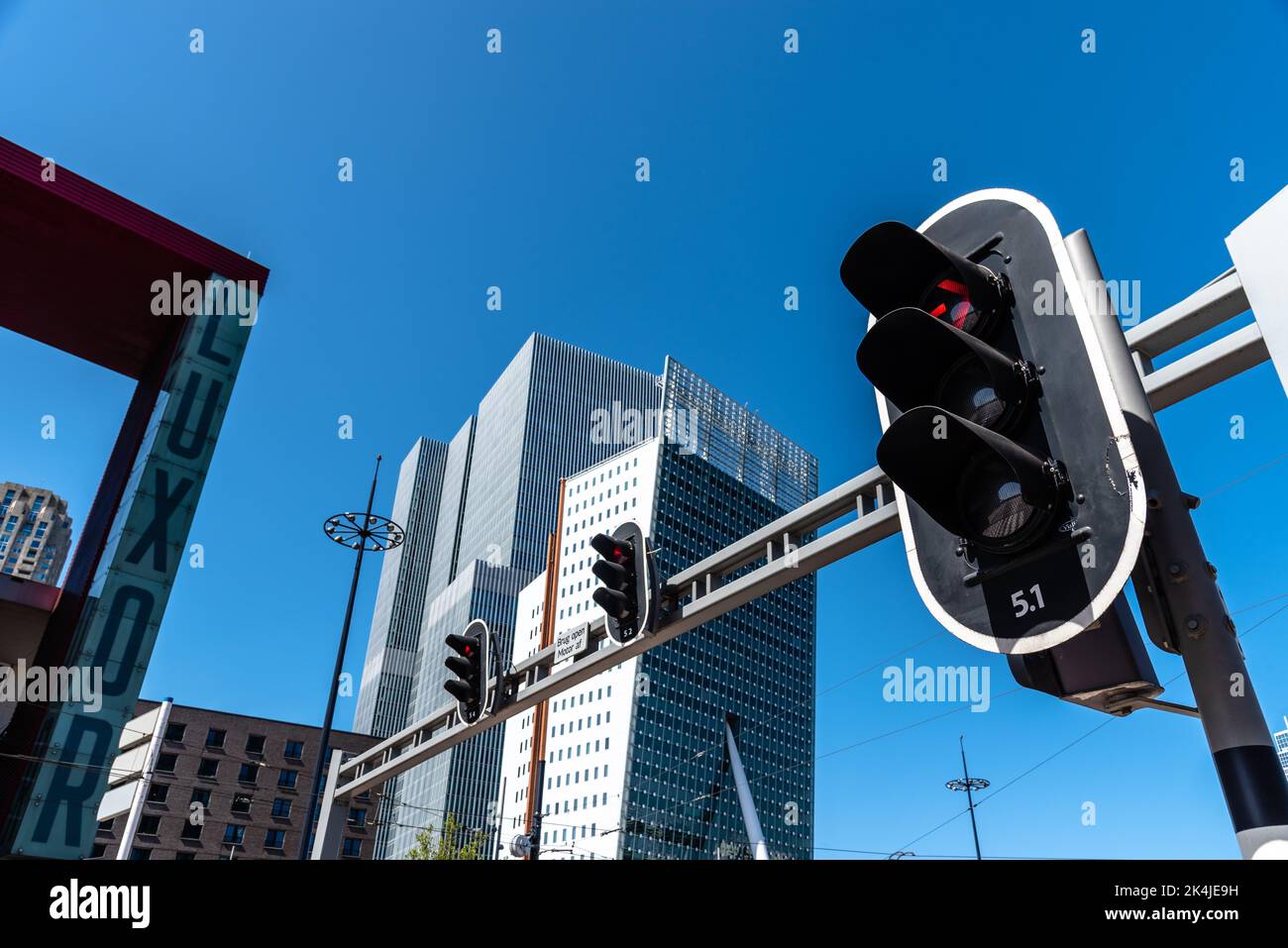 Rotterdam, Netherlands - May 8, 2022: Low angle view of red traffic ...