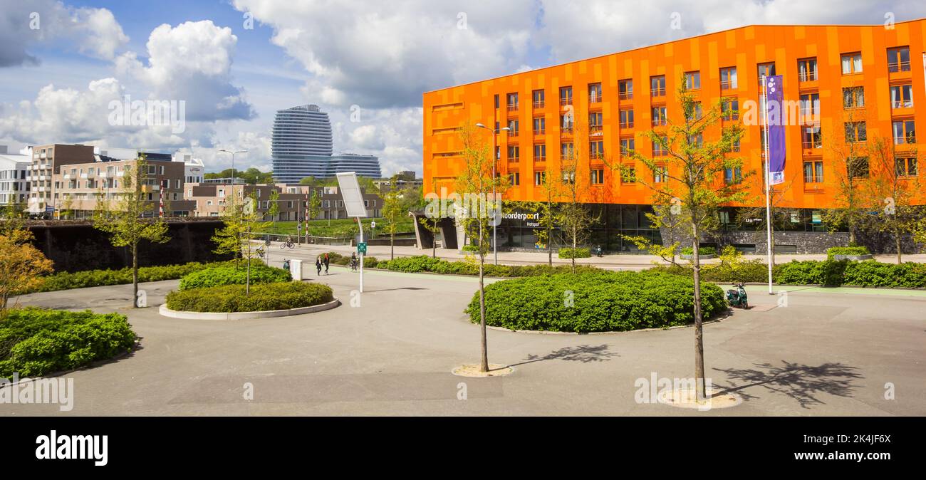 Panorama of the Euroborg square with modern architecture in Groningen ...