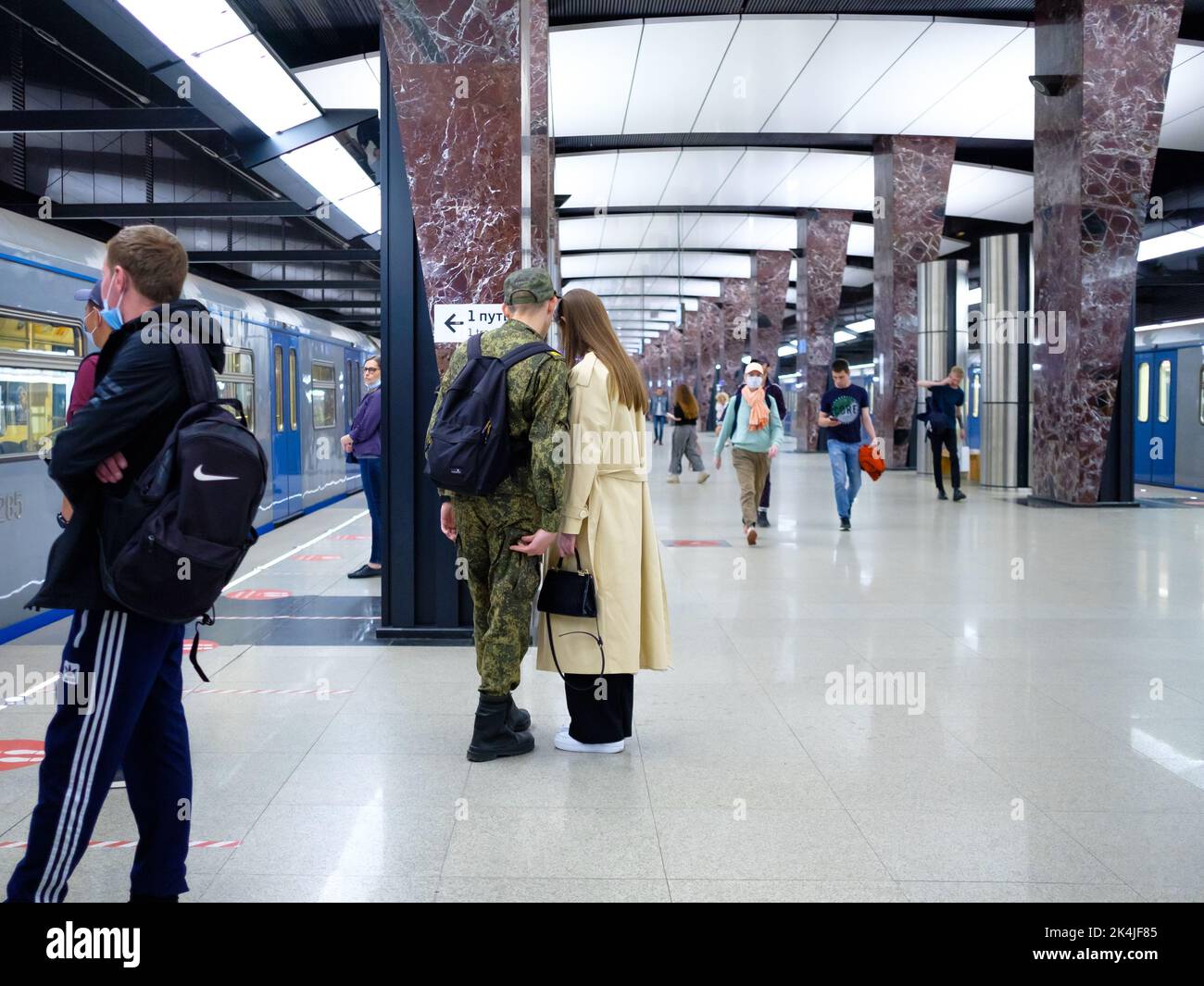 Moscow. Russia. October 2, 2022. A young soldier and his girlfriend say ...