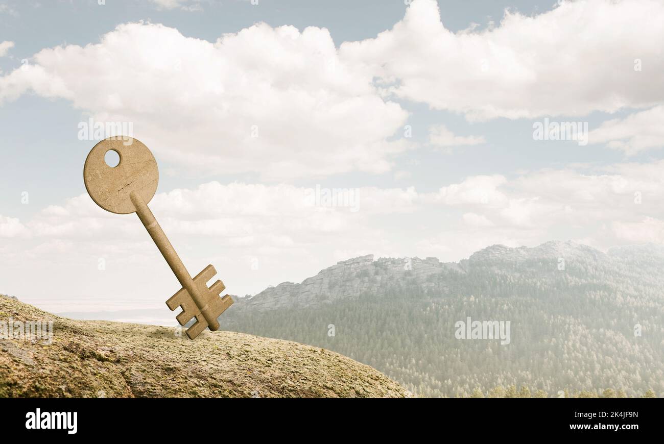 Conceptual background image of concrete key sign and natural landscape ...