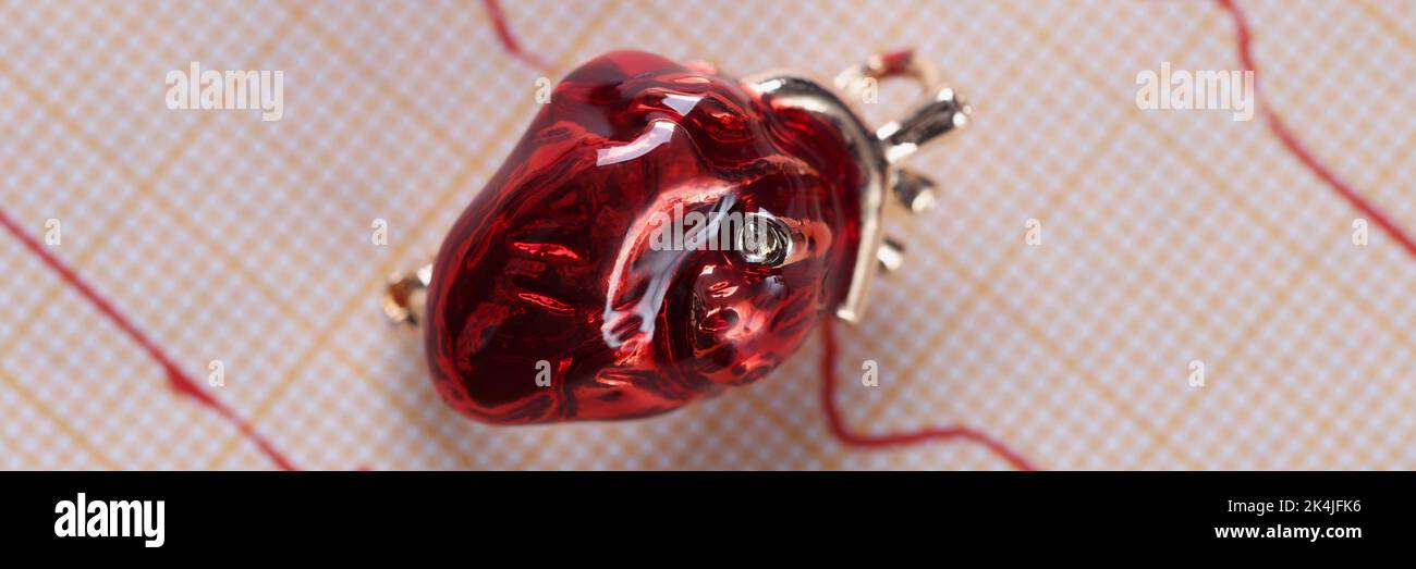 Red glass miniature heart placed over heart cardiogram result paper ...