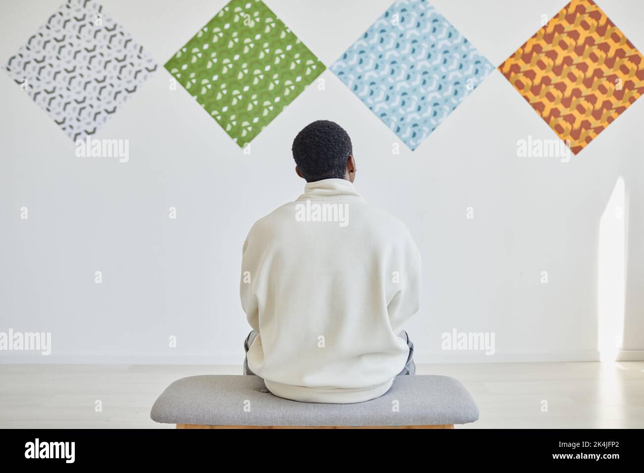 Minimal back view shot of man looking at abstract art in museum ...