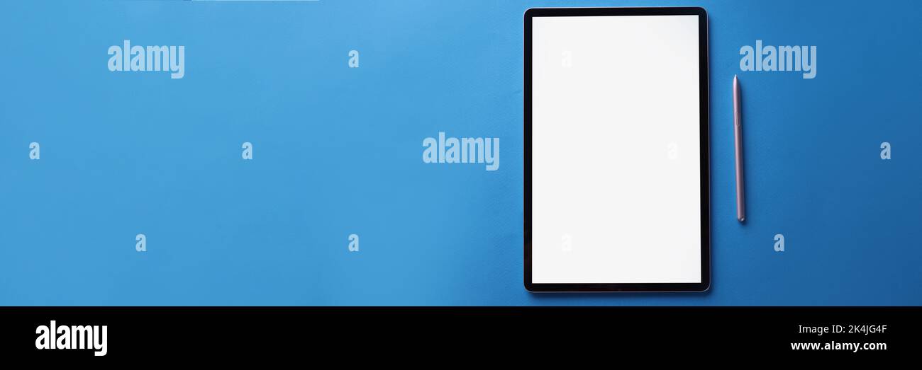Set of black screen modern tablet device with reflection and silver pen ...