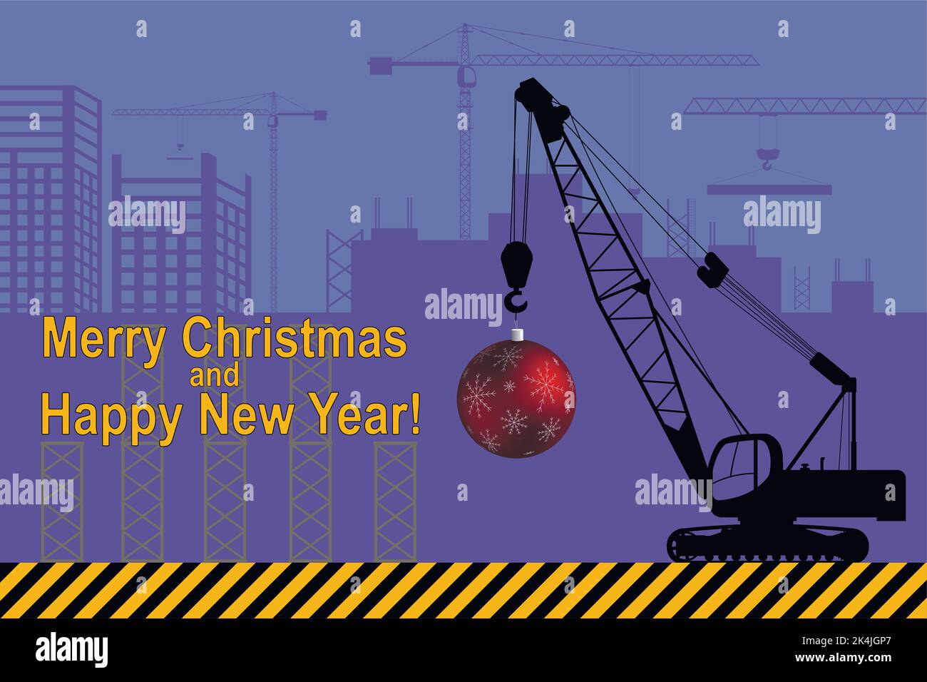 New Year card. A construction crane will lift a large Christmas tree ...