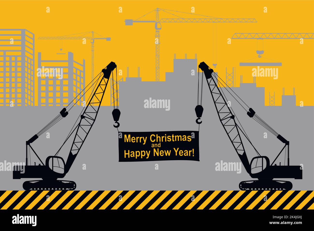 Christmas greeting card.. Construction cranes are holding a banner with ...