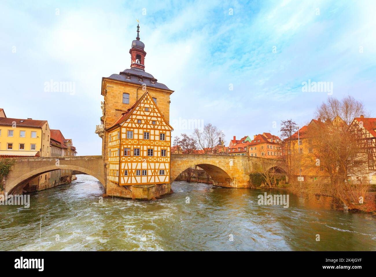 Bamberg, Germany. Town Hall Altes Rathaus with two bridges over the ...