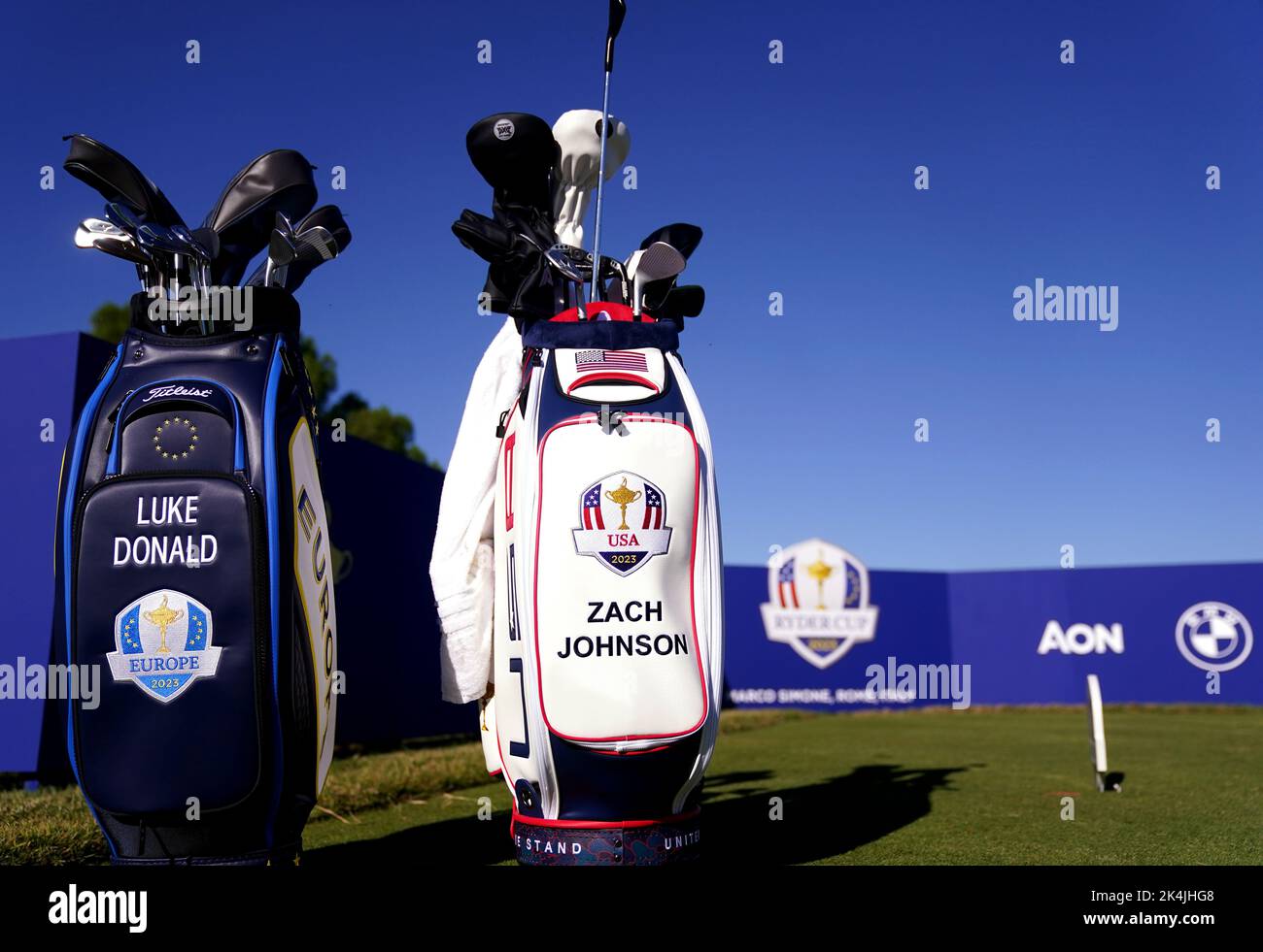 Golf bags of Europe Ryder Cup captain Luke Donald and USA Ryder Cup ...