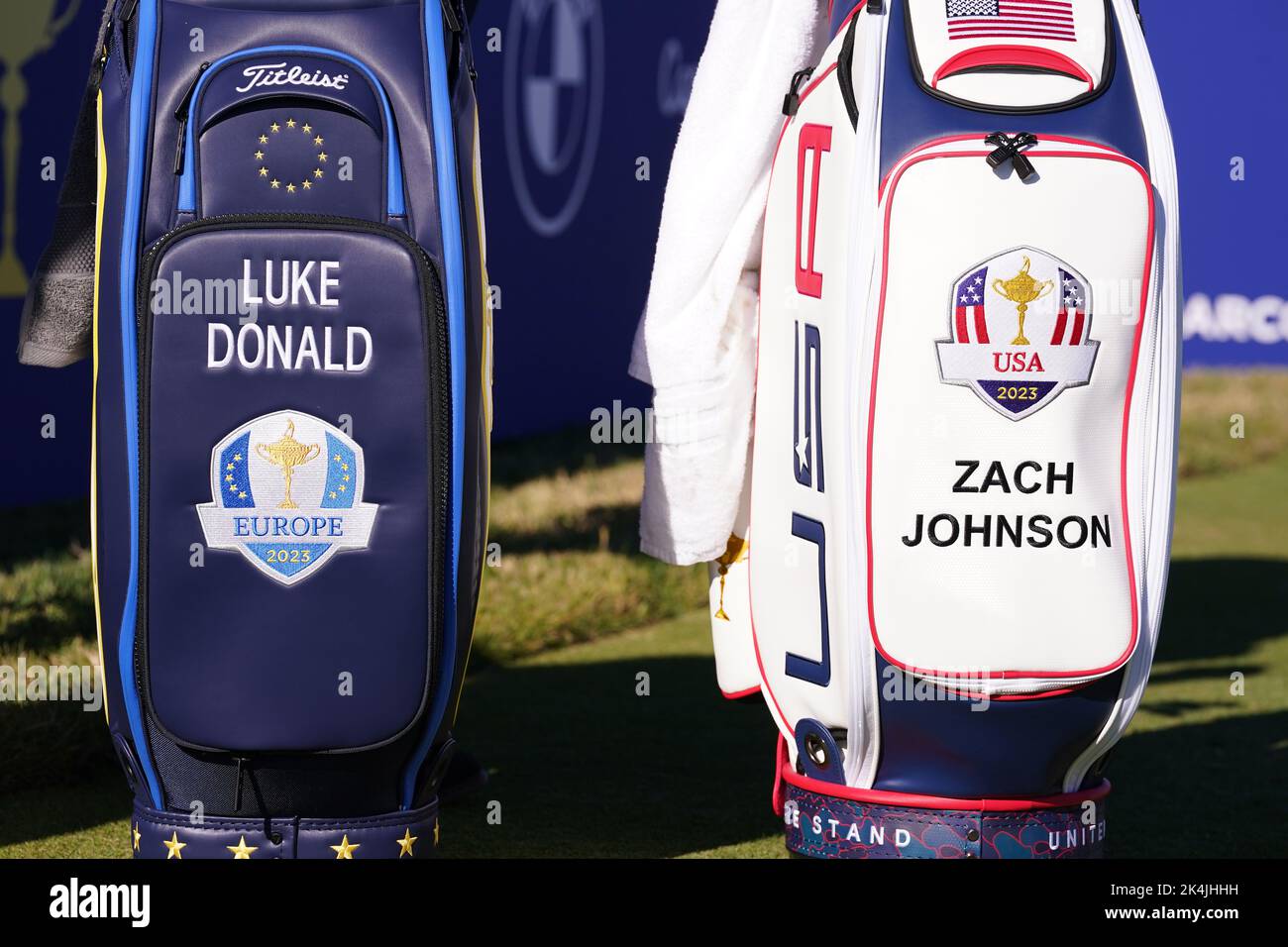 Golf bags of Europe Ryder Cup captain Luke Donald and USA Ryder Cup ...