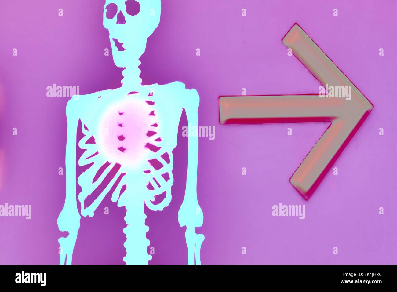 Halloween blue funny skeleton with an arrow the direction on a pink ...