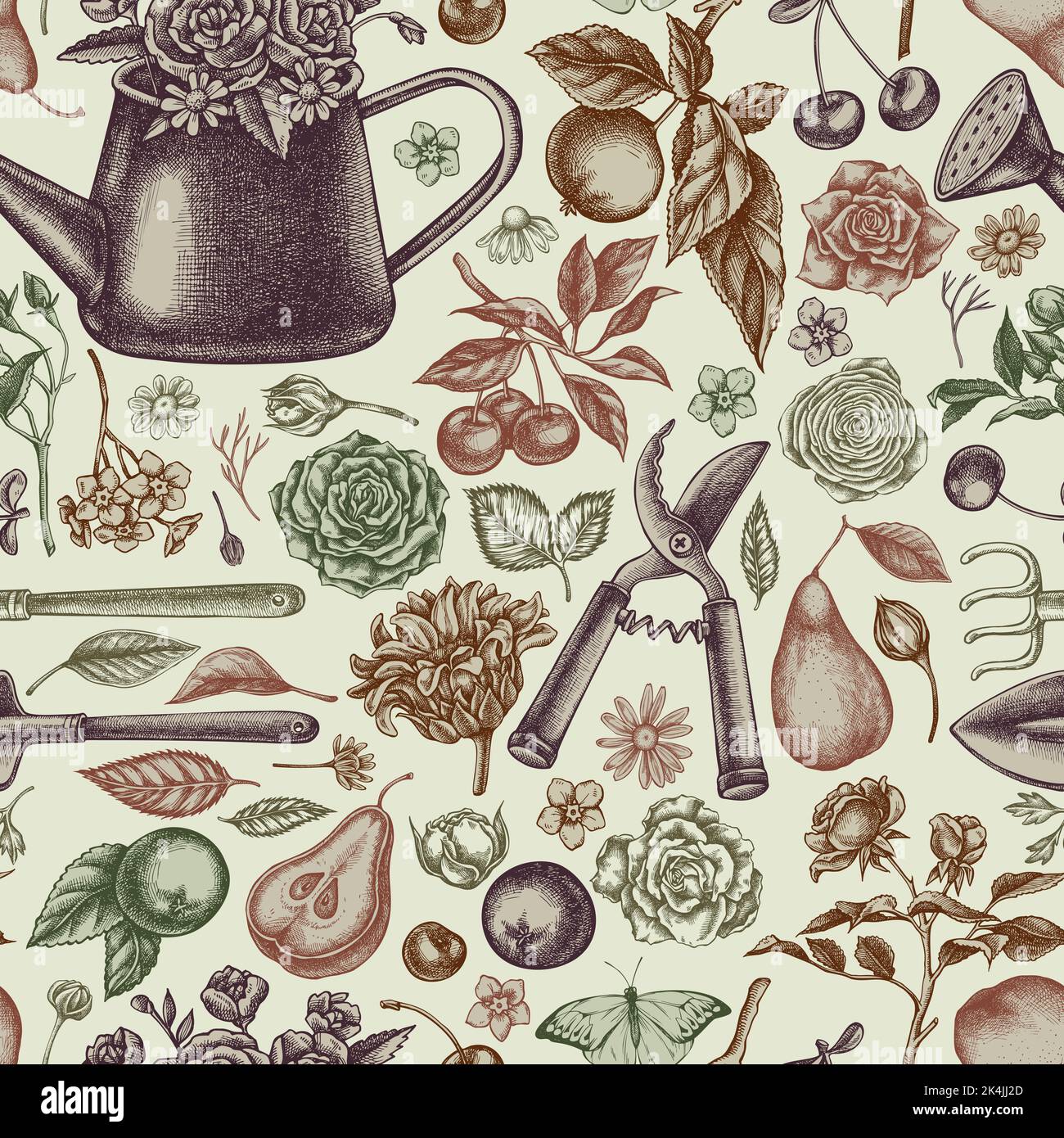 Gardening seamless pattern background design. Engraved style. Hand ...