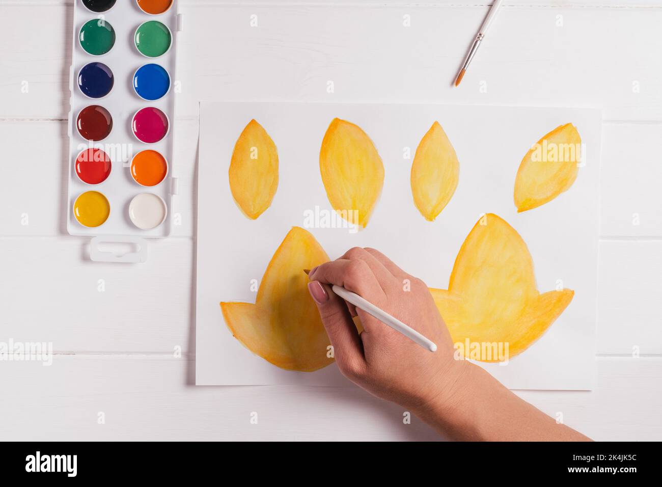 Female hand drawing autumn leaves of different shapes, sizes and colors ...