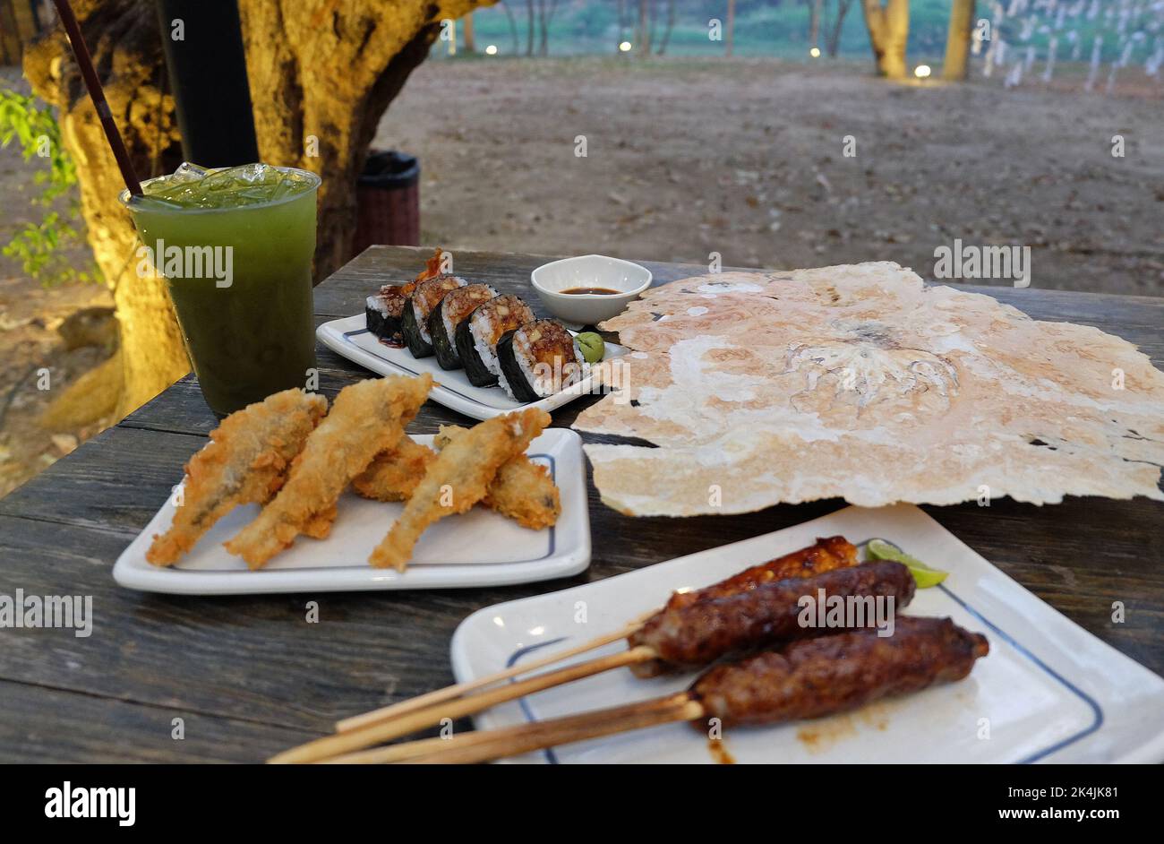 Izakaya(Japanese style street food) Chicken teriyaki skewers, deep ...