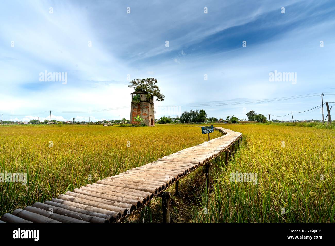 A view from the arched arch of an old brick kiln overlooking the rice ...