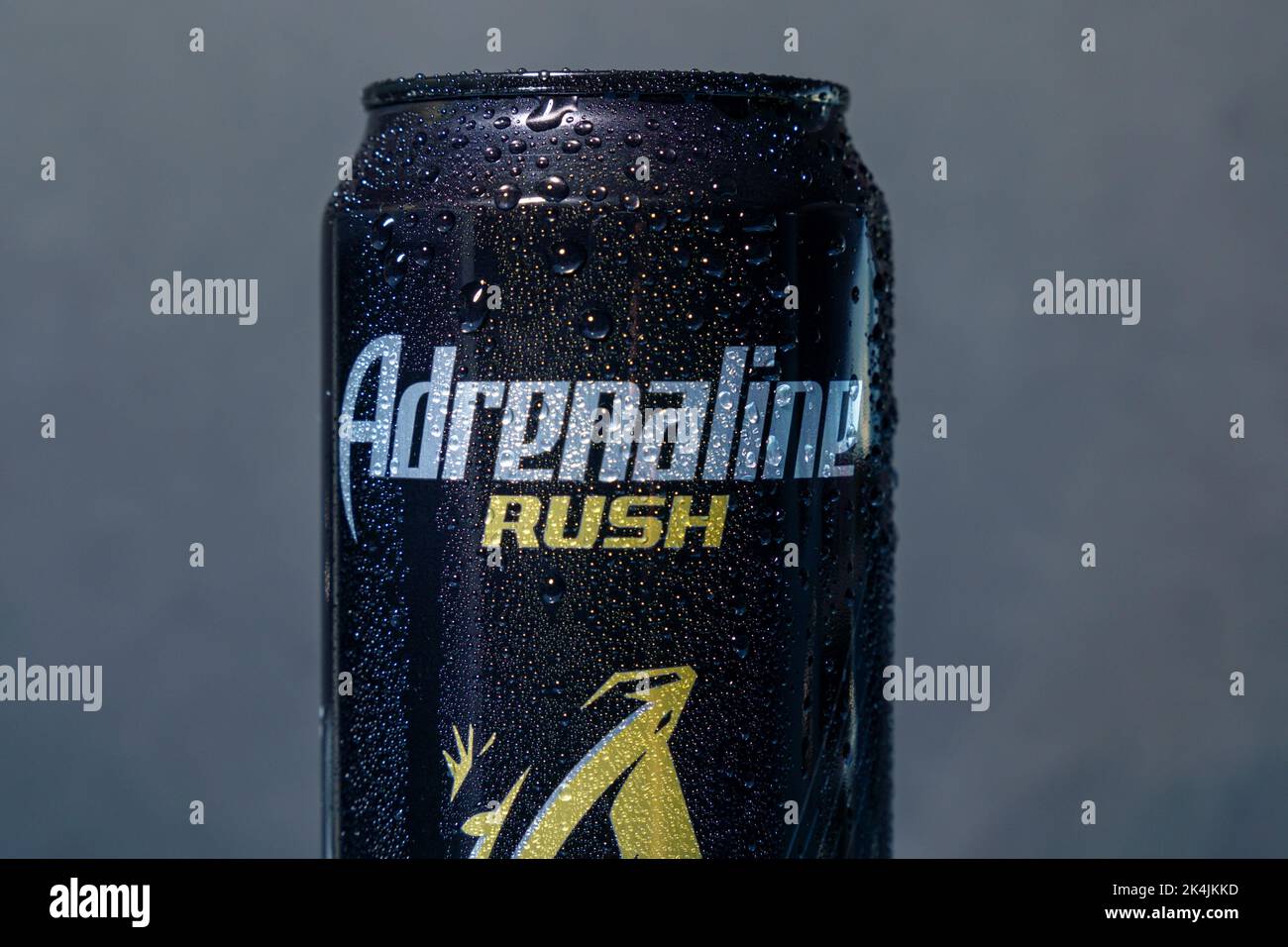 Tyumen, Russia-September 27, 2022: Adrenaline Rush Energy drink, metal can logo close up Stock ...