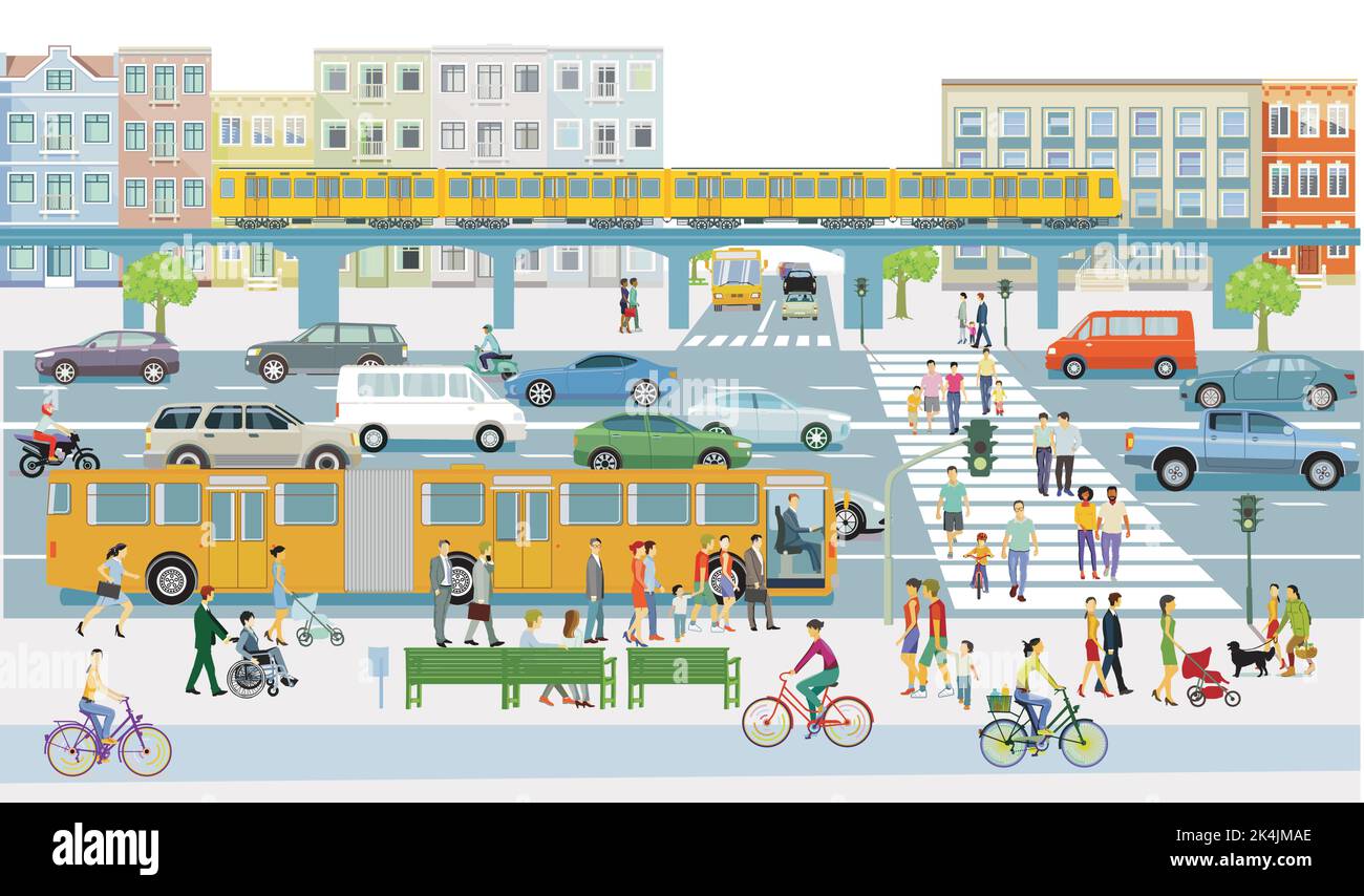 Road traffic with bus stop, in the big city, pedestrians on zebra ...