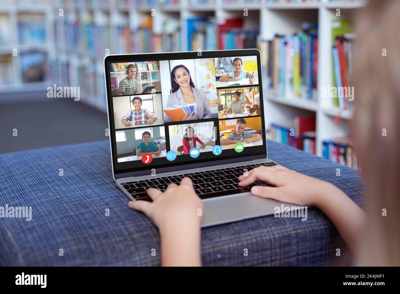 Caucasian girl using laptop for video call, with smiling diverse high ...