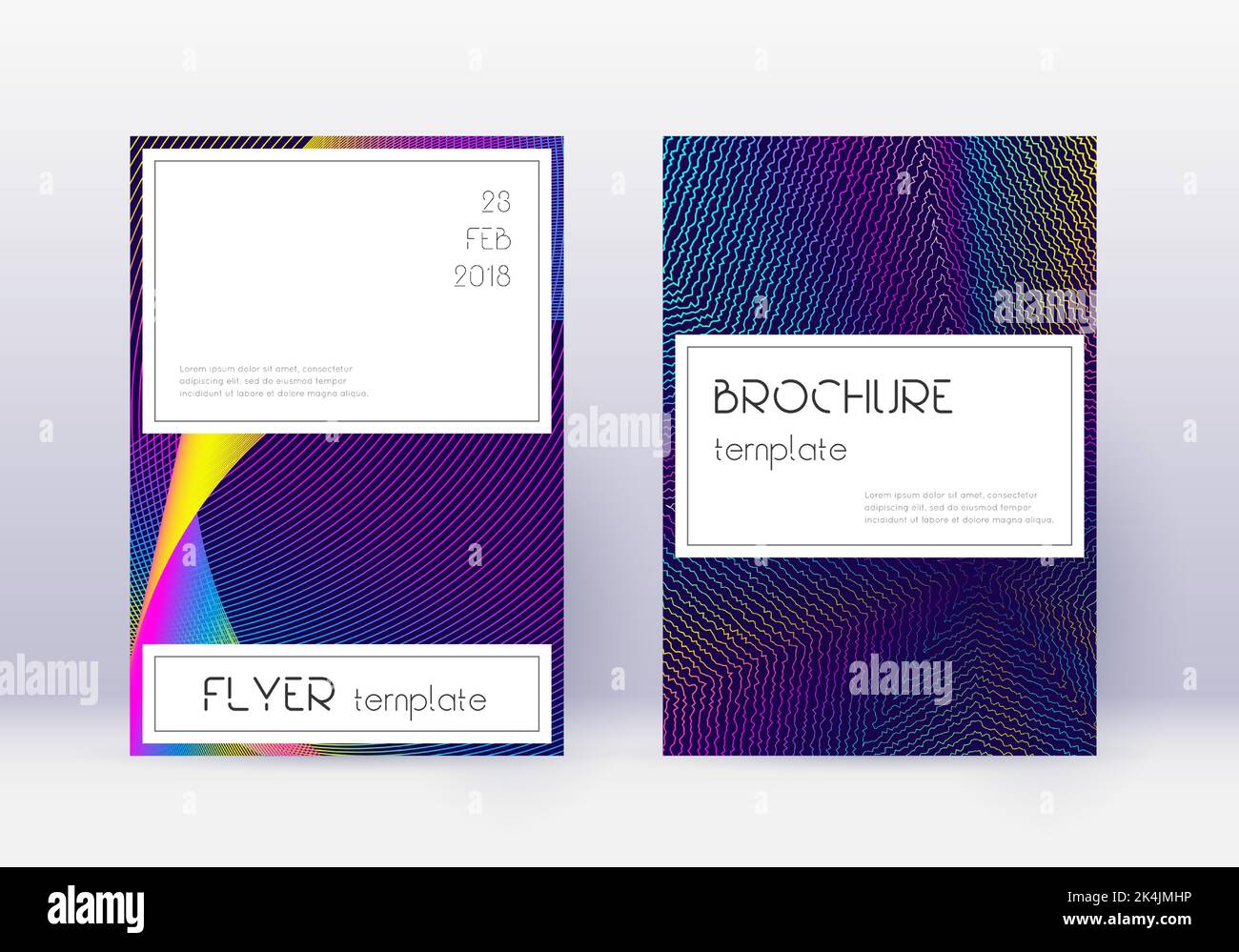 Stylish cover design template set. Rainbow abstract lines on dark blue ...