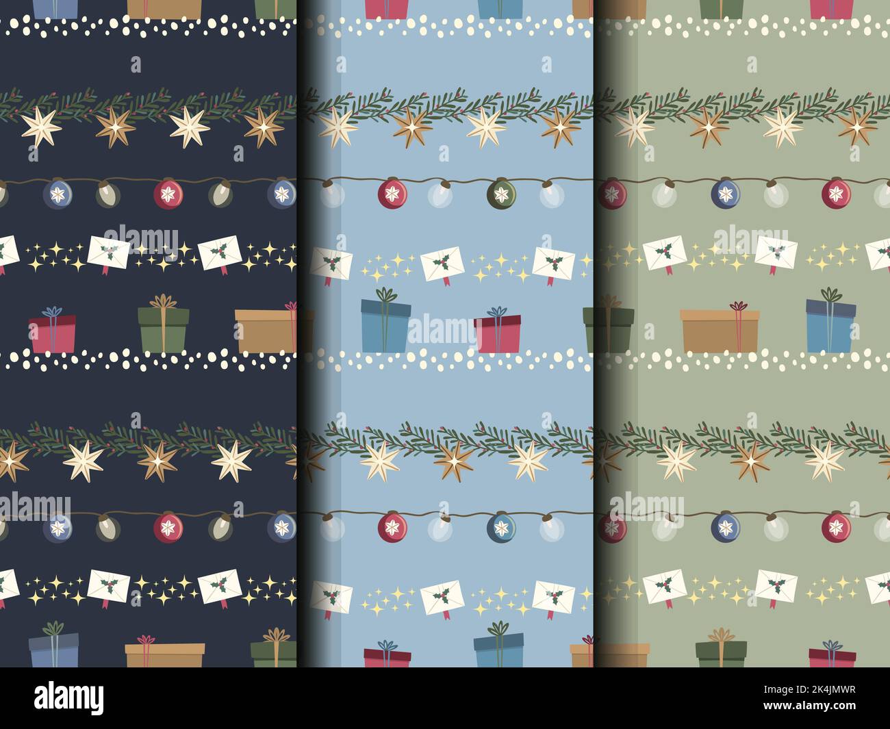 Christmas seamless pattern set with gifts, stars, plants, lights and ...