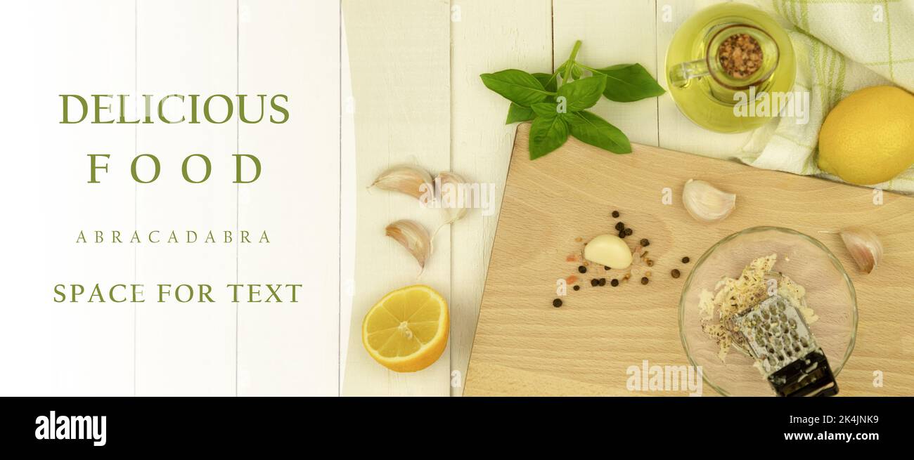 Fresh garlic and spices, sauce preparation process. Background with ...