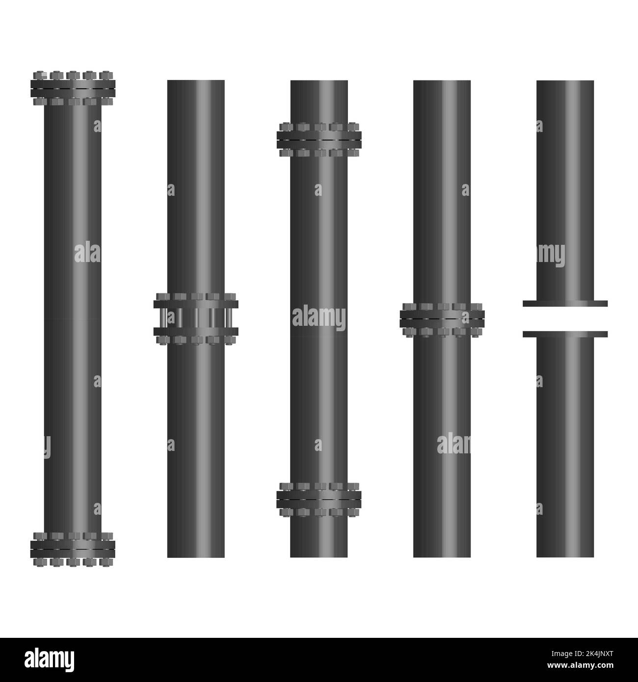 Set of steel pipes with connecting flanges, 3D vector illustration ...