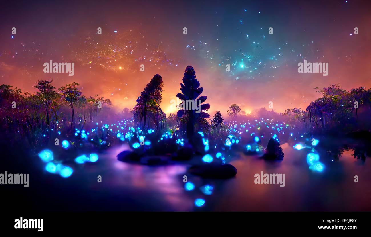 Surreal night jungle with luminescent plants and flowers Stock Photo ...