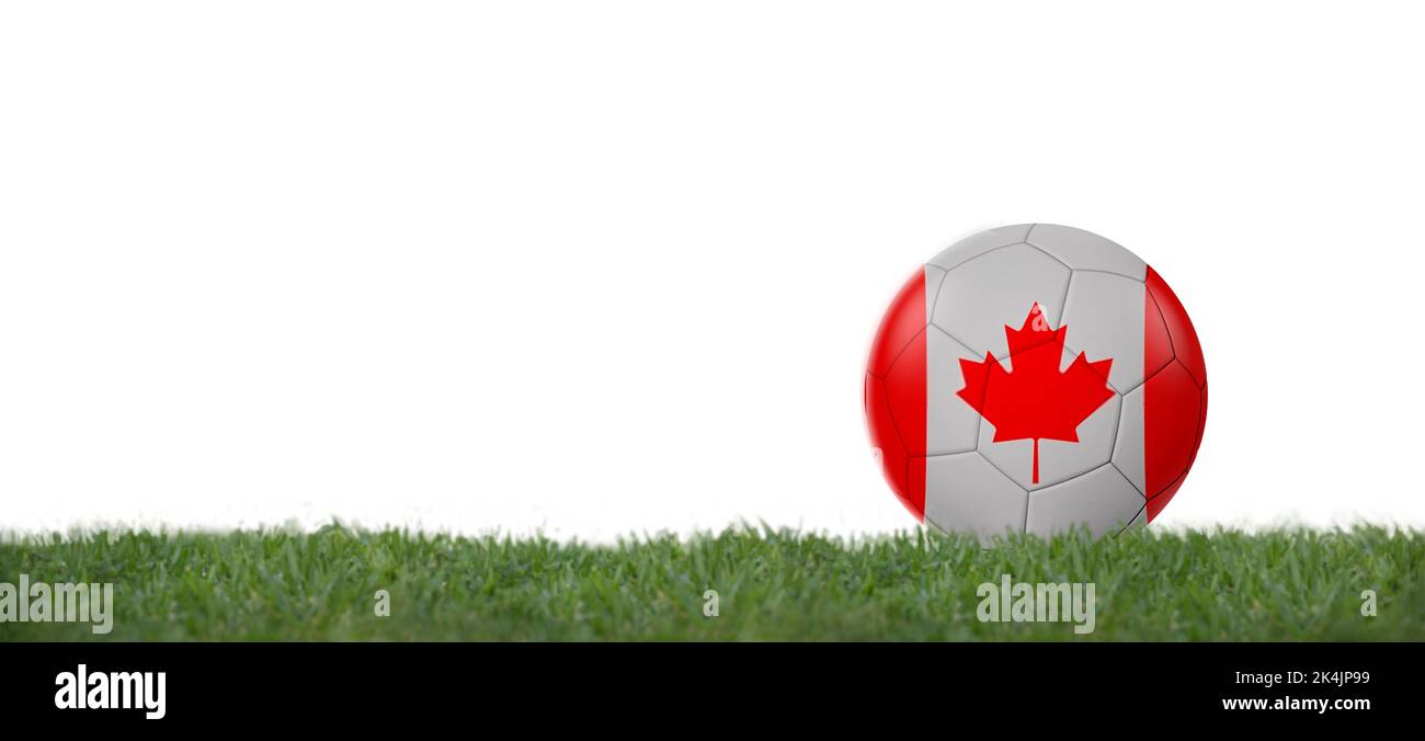 canada flag on soccer ball on grass, copy space with white background ...