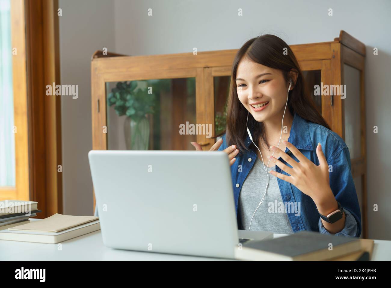 Education and literacy concept, College girl listening lecture online ...