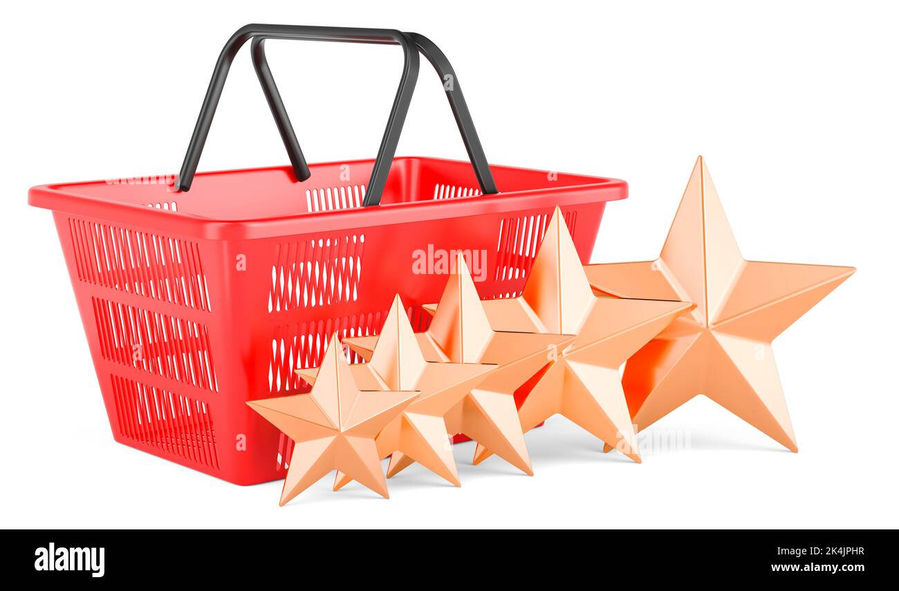 Shopping basket with five golden stars. 3D rendering isolated on white ...
