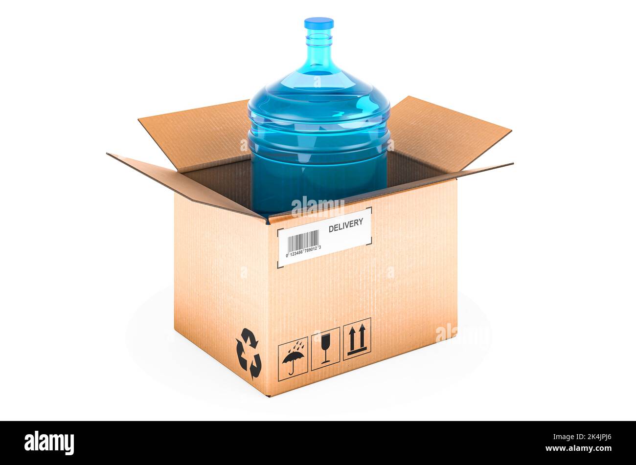 Water bottled inside cardboard box, delivery concept. 3D rendering ...