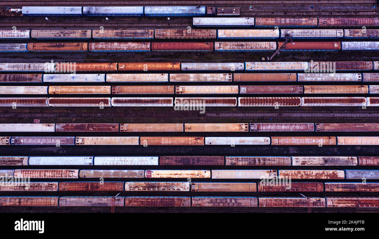 Wagons on the railway. Old rusty colored passenger cars at the railway ...