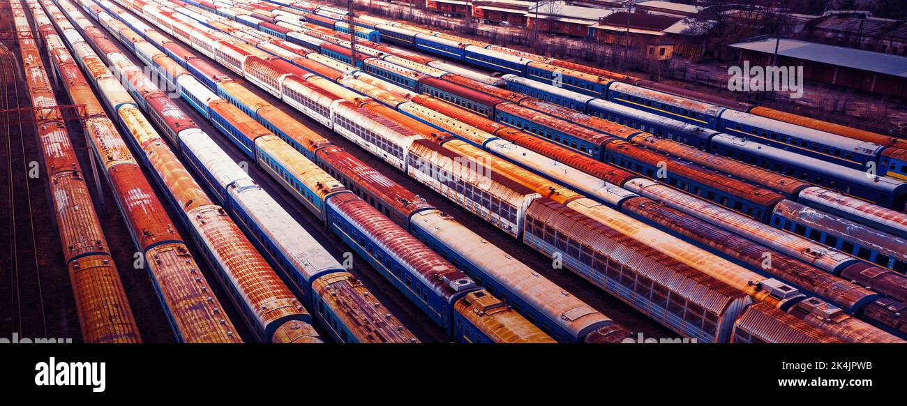 Wagons on the railway. Old rusty colored passenger cars at the railway ...