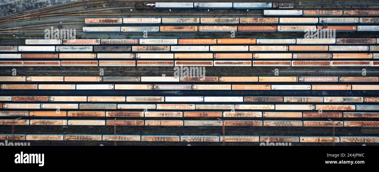 Wagons on the railway. Old rusty colored passenger cars at the railway ...