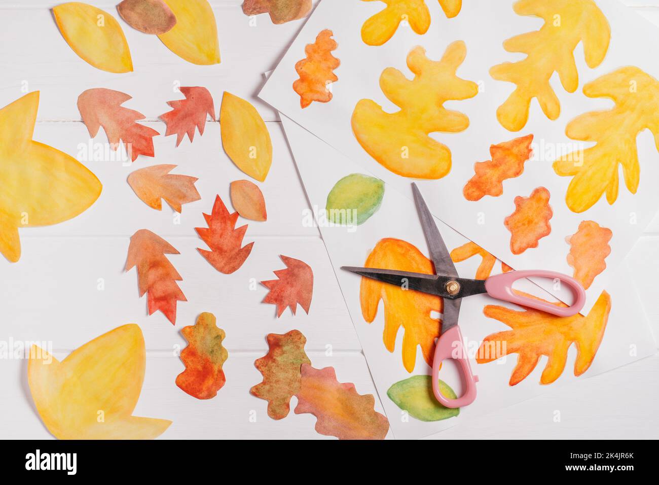 Drawn on white paper autumn leaves of different shapes, sizes and ...