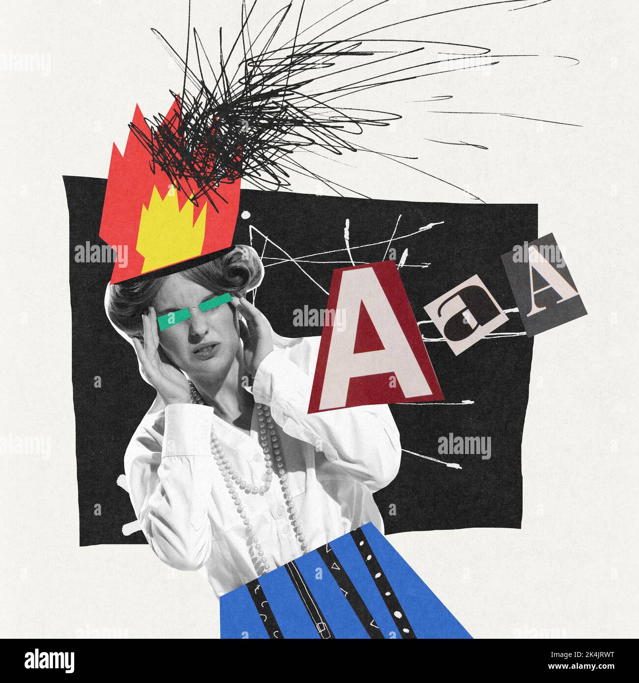 Contemporary art collage. Young woman, employee having burning ...